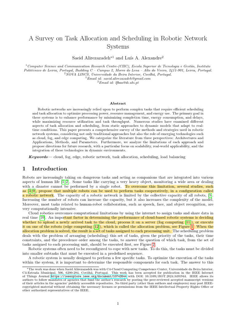 A Survey on Task Allocation and Scheduling in Robotic Network Systems | PDF | Cloud Computing ...