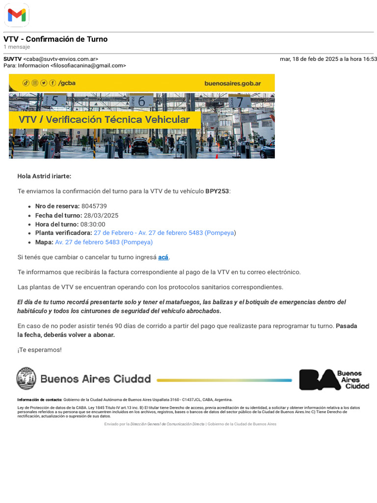 Gmail - VTV - Confirmación de Turno | PDF