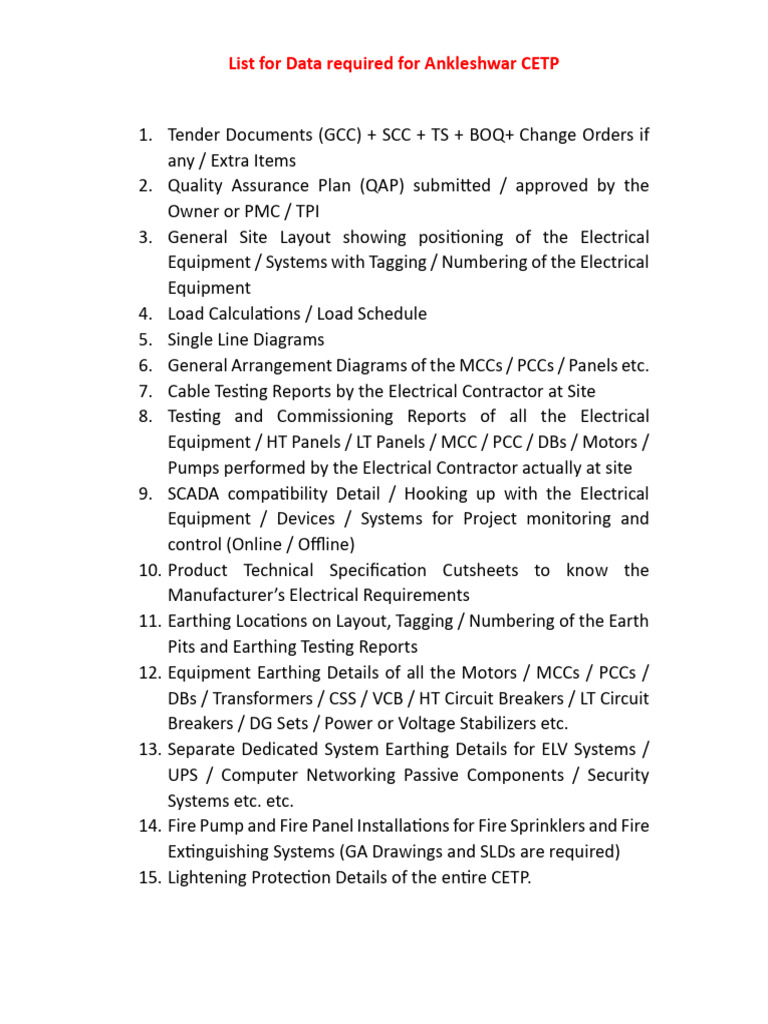 Ankleshwar CETP Electrical Testing and Commissioning Requirements (1) | PDF
