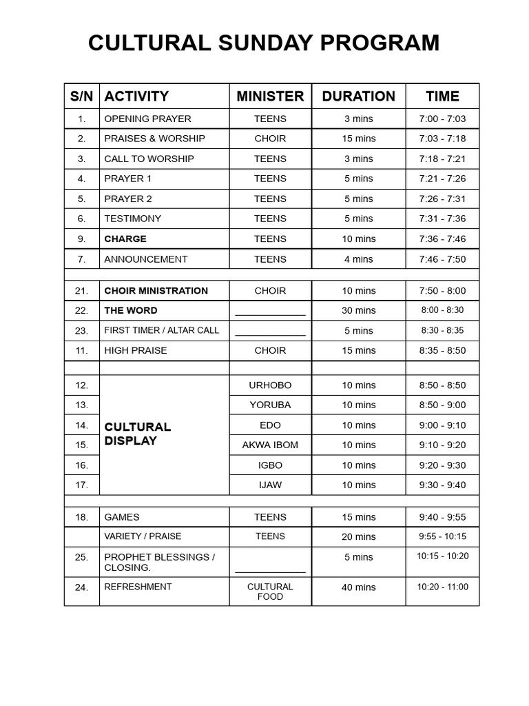 Cultural Sunday Program Schedule | PDF