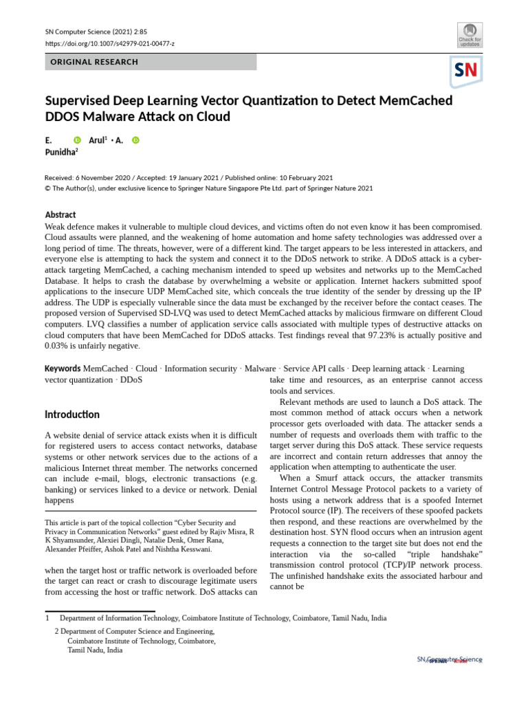 Supervised Deep Learning Vector Quantization To Detect MemCached DDOS Malware Attack On Cloud ...
