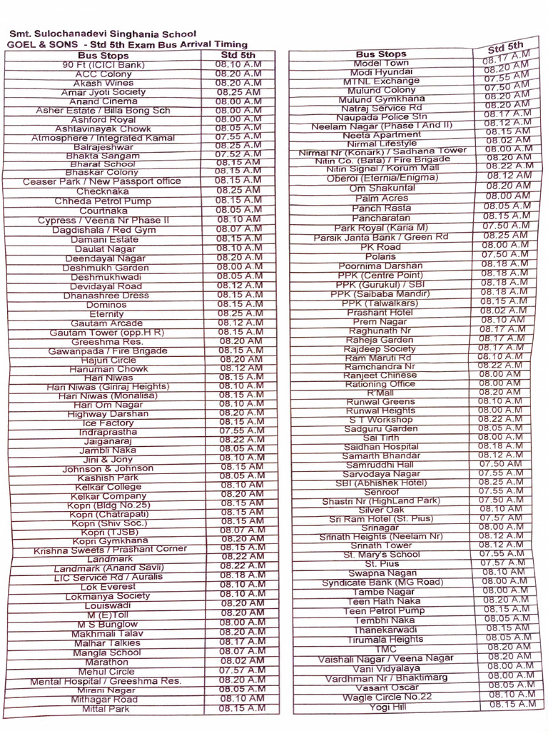 Std 5 Bus Arrival Timings at SSS School | PDF