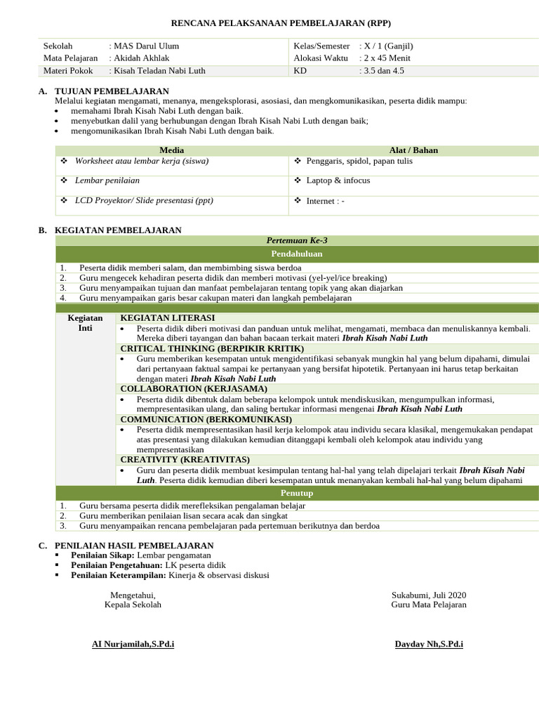 5.3 RPP I Akidah Akhlak Kelas 10 | PDF