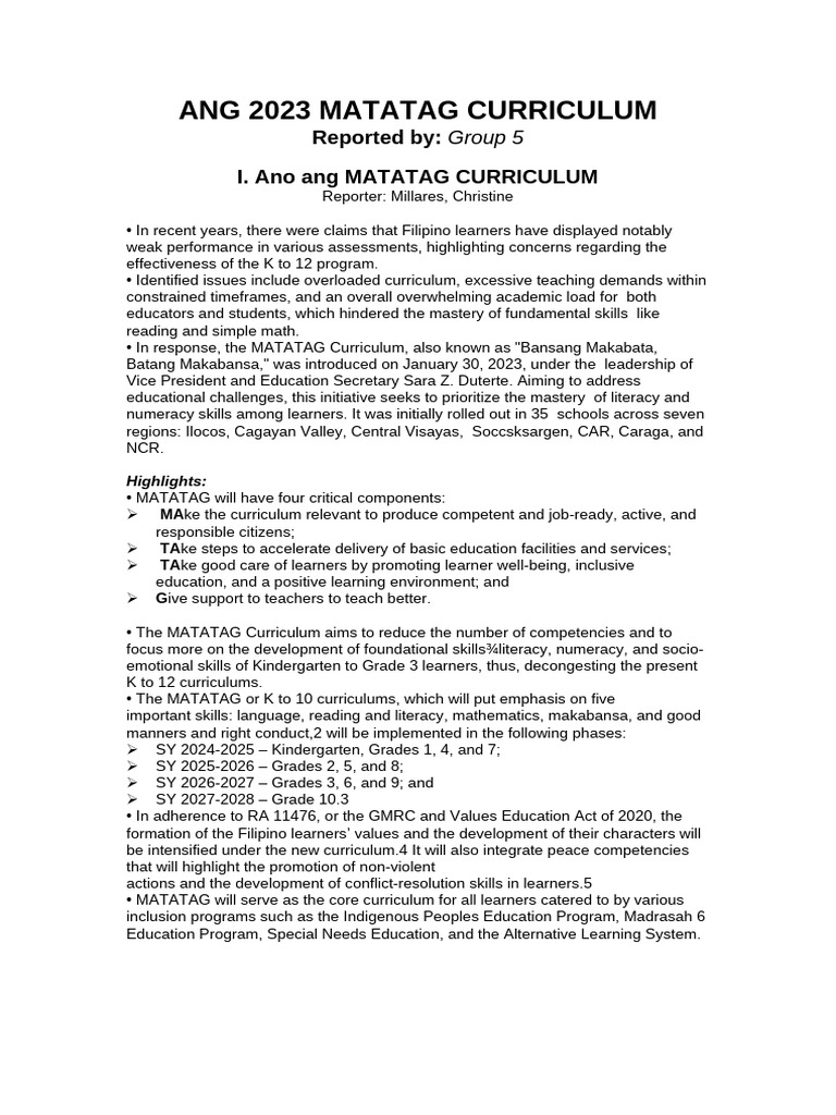 MATATAG Curriculum Overview 2023 | PDF | Curriculum | Education Theory