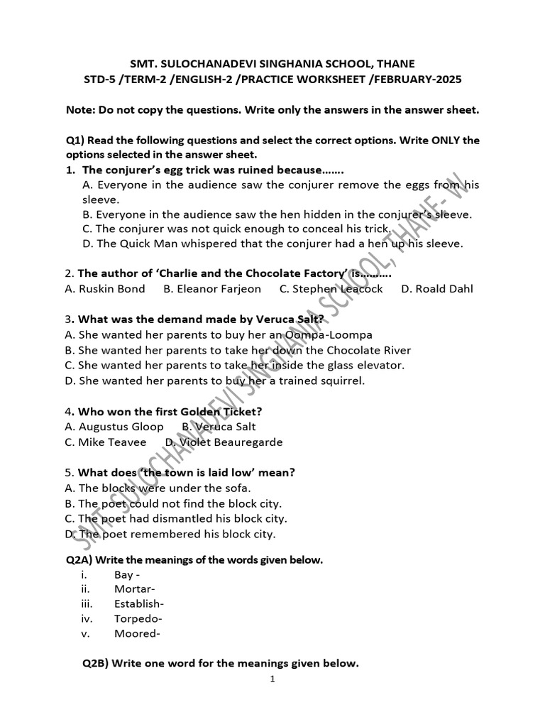 Std5 English II Comprehensive Worksheet February 2025 | PDF
