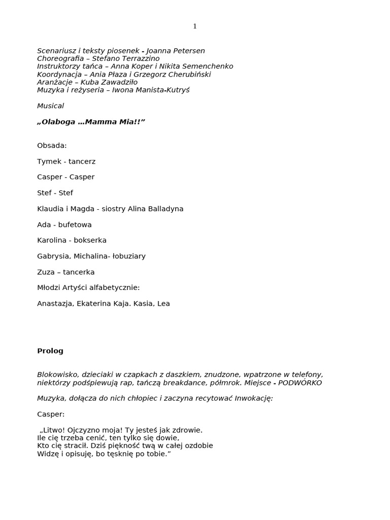 Scenariusz Musical Olaboga | PDF