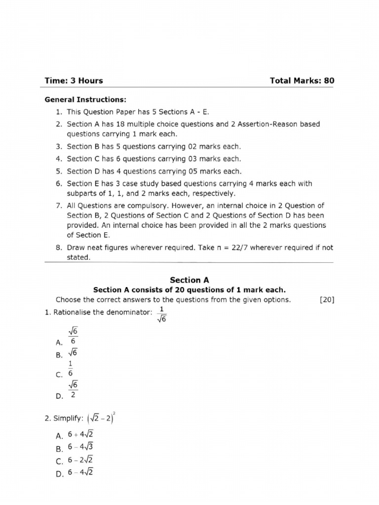 Maths Sample Paper | PDF