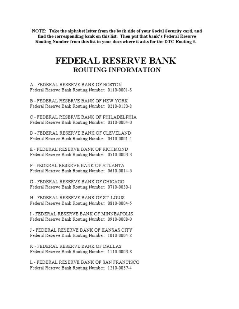 Federal Reserve Bank Routing Numbers List | PDF