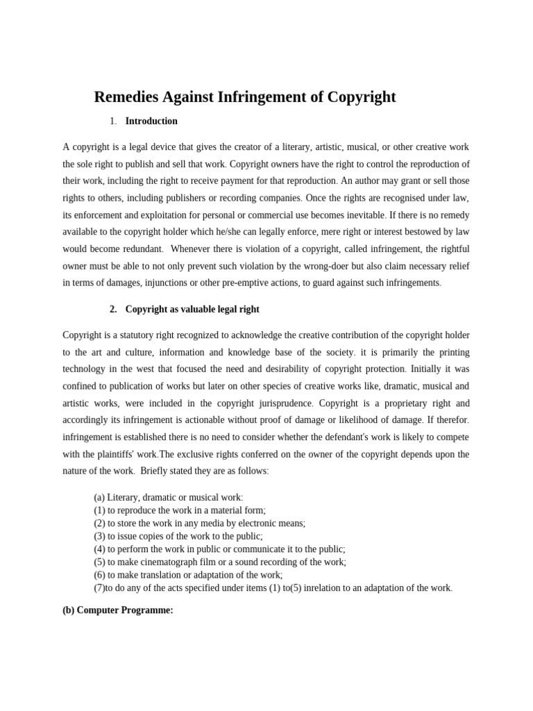 Copyright Infringement Remedies Explained | PDF | Legal Remedy | Copyright
