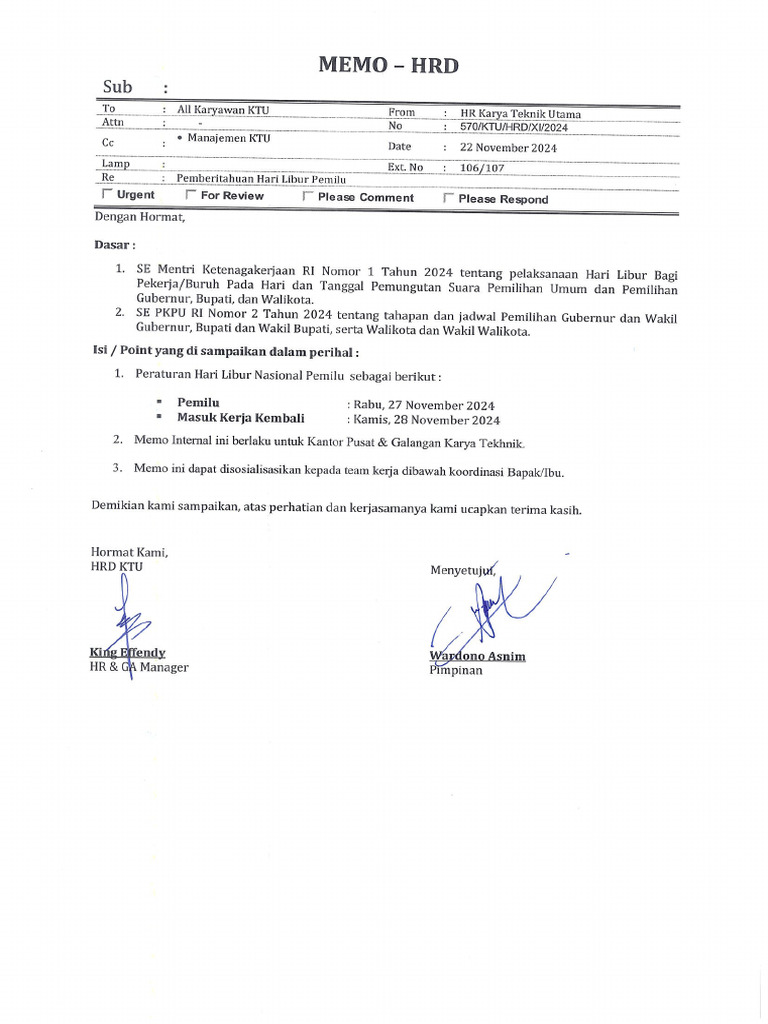 Memo Libur Pemilu Pilkada | PDF