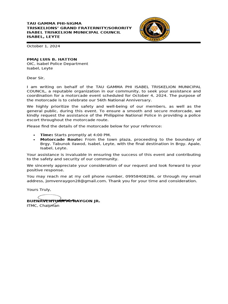 Police Request Letter For Motorcade | PDF