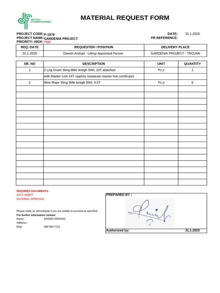 Material Request Form For Chain Slings and Wire Rope Slings | PDF