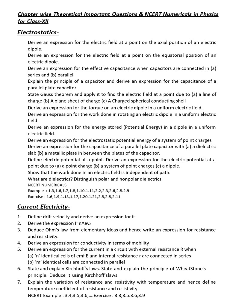 CHAPTER WISE IMPORTANT QUESTION & NCERT NUMERICALS FOR XIITH PHYSICS | PDF | Electromagnetic ...