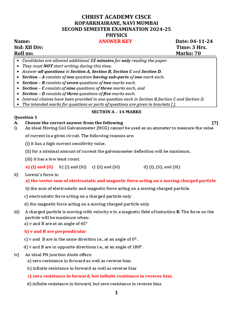 Physics Exam Answer Key 2024-25 | PDF | P–N Junction | Electric Field