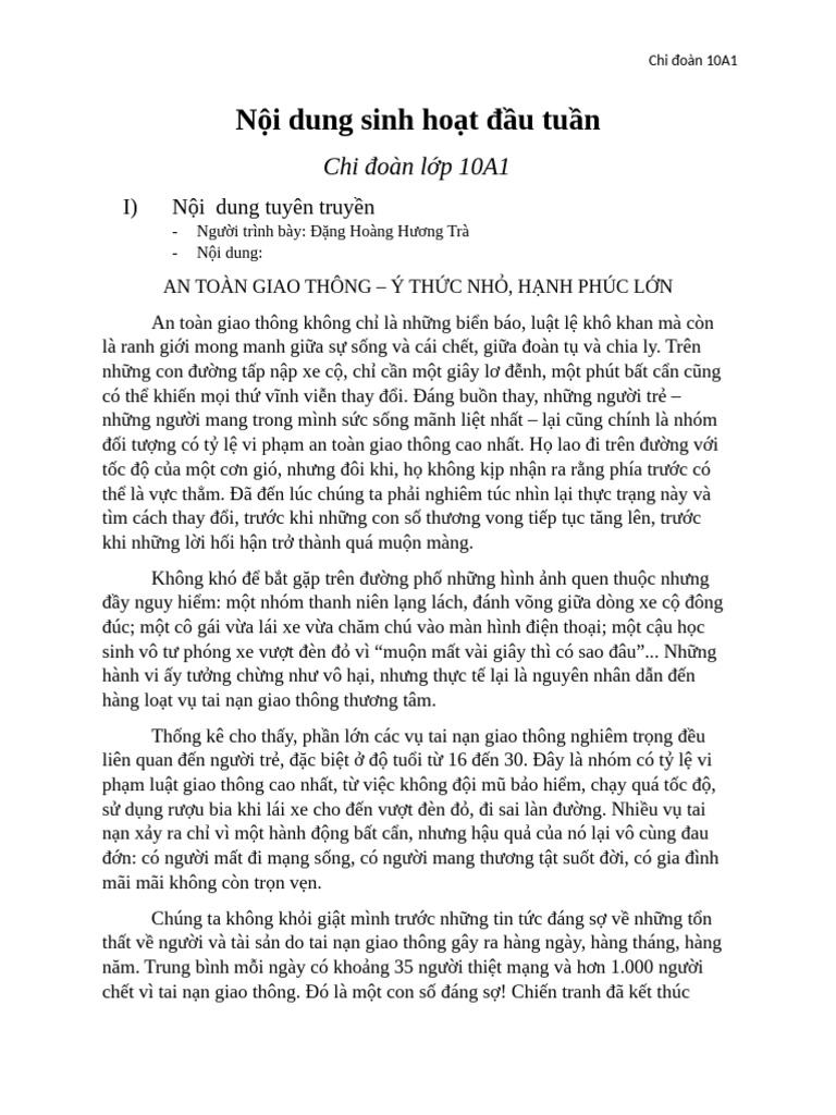 Nội Dung Sinh Hoạt Đầu Tuần 10A1 | PDF
