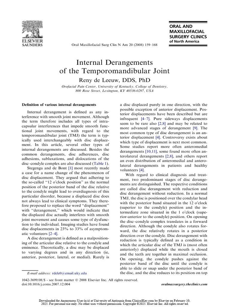 Internal Derangement of The Temporamandibular Join Reny de Leeuw | PDF | Medicine | Clinical ...