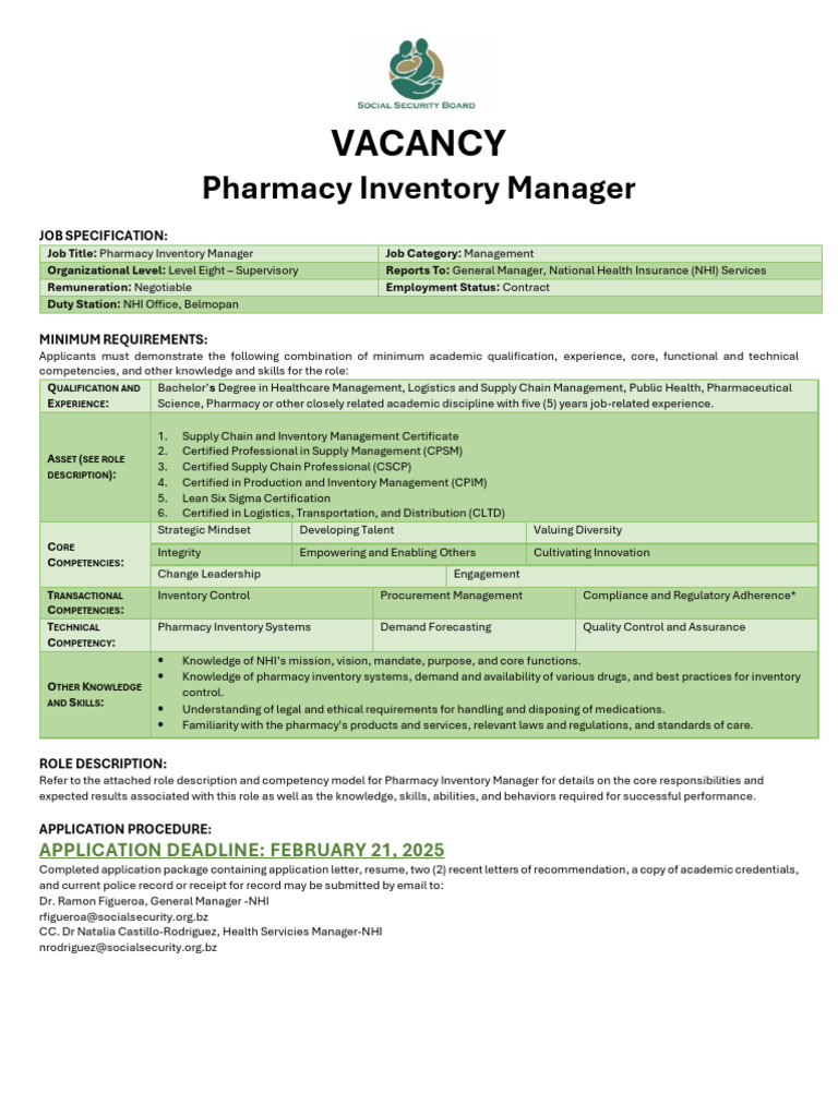 VACANCY Pharmacy Inventory Manager NHI | PDF | Pharmacy | Supply Chain Management