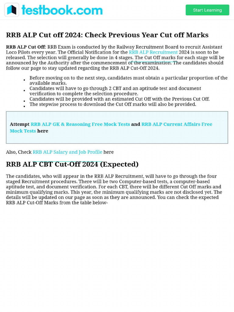 RRB ALP Cut Off 2024 - Check Previous Year Cut Off Marks | PDF