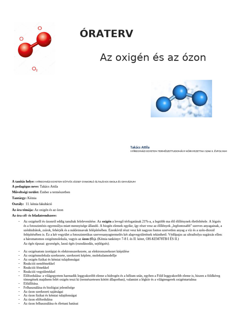 1-Óraterv - Az Oxigén És Az Ózon - Takács Attila | PDF
