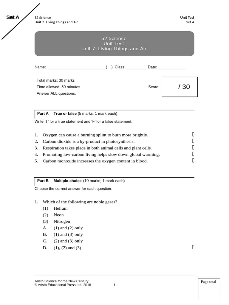Scicent - Test - U7 - Set A - Final - e | PDF | Photosynthesis ...