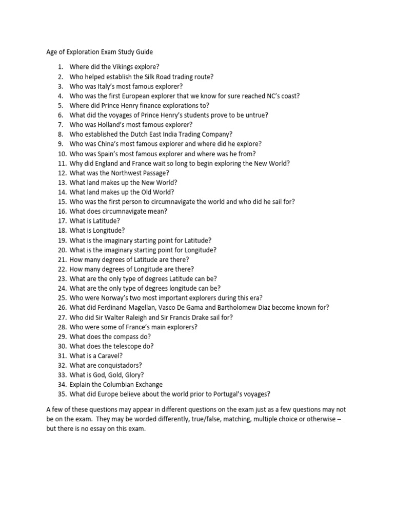 Age of Exploration Exam Study Guide | PDF