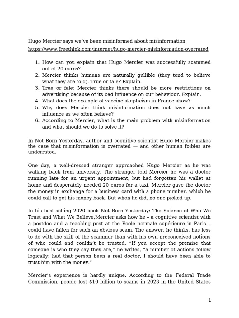 Hugo Mercier on Misinformation Misconceptions | PDF | Persuasion | Mind