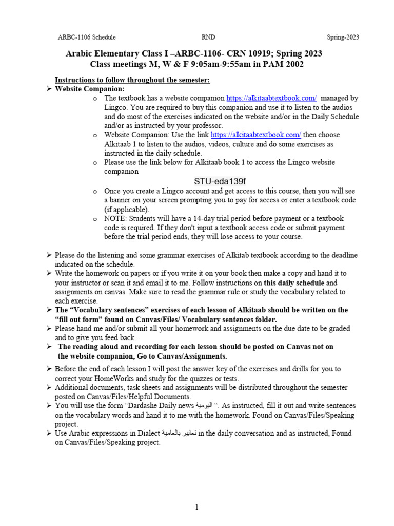 Schedule ARBC-1106 Spring 2023 | PDF | Grammatical Conjugation | Arabic