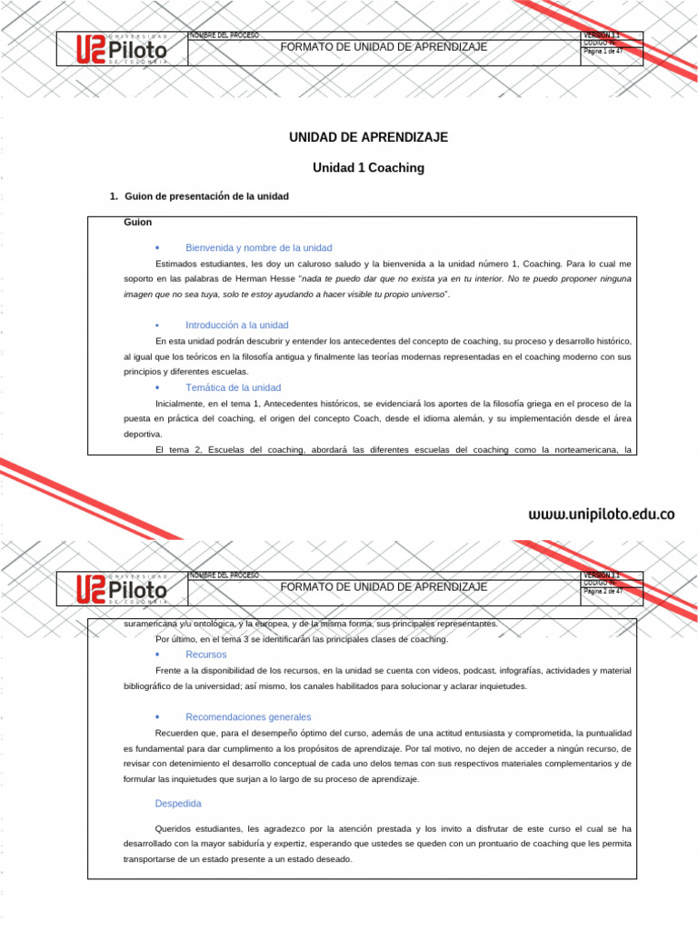 Formato de Unidad de Aprendizaje 1 - Coaching - AVAL - 19052023 | PDF | Desarrollo personal ...