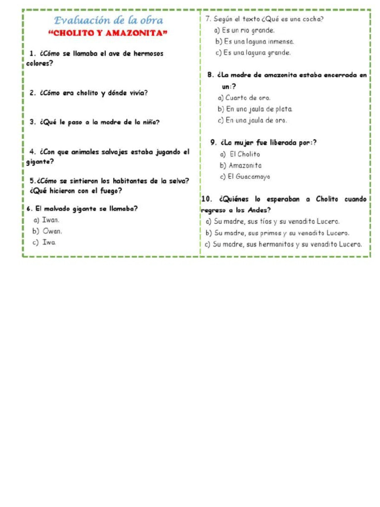 Comprension Lectora de Cholito y Amazonita | PDF
