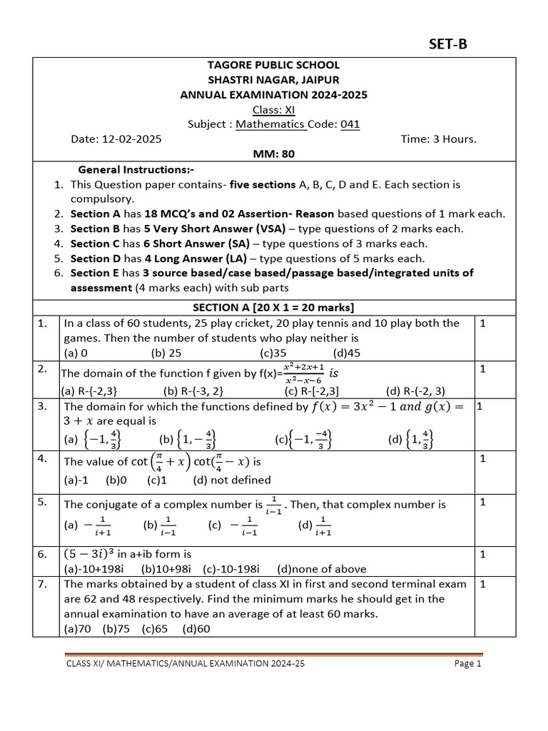 Class XI Mathematics Exam Paper 2024-25 | PDF | Complex Number ...