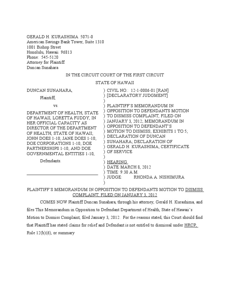 Sunahara V Fuddy (Hawaii-DOH) - Plaintiff's Memorandum in Opposition To Defendant's Motion To ...