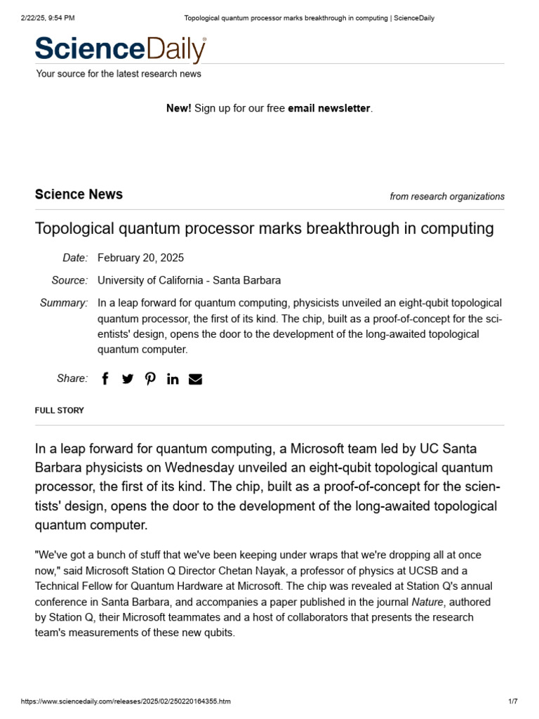 Topological Quantum Processor Marks Breakthrough in Computing - ScienceDaily | PDF | Quantum ...