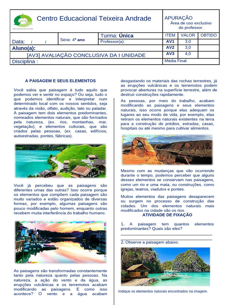 Av3 - Geografia - 4 Ano - I Unidade | PDF | Paisagem | Natureza