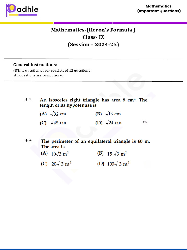 Chapter 10_ Heron’s Formula-MIQ by Just Padhle | PDF