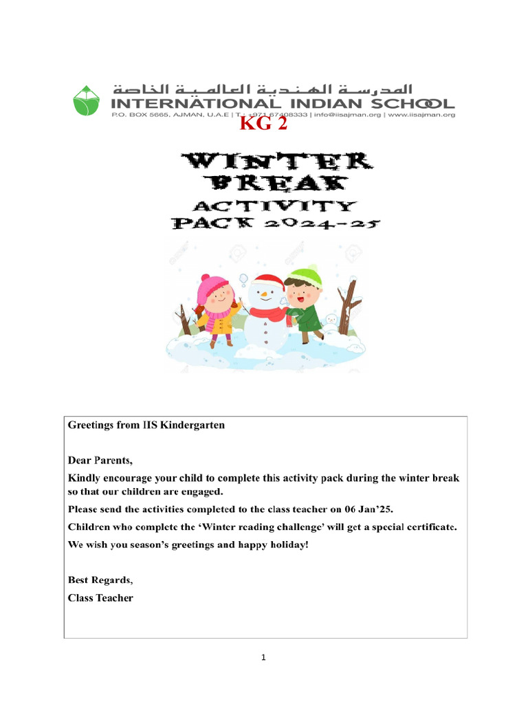 Winter Holiday Homework KG 2 | PDF
