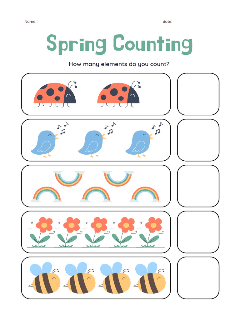 Spring Counting Worksheet in Colorful Illustrative Style | PDF