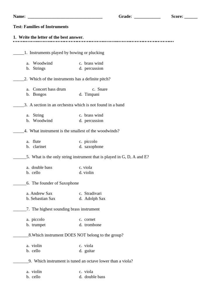 Music Families of Instruments Test | PDF | Clef | Musical Instruments