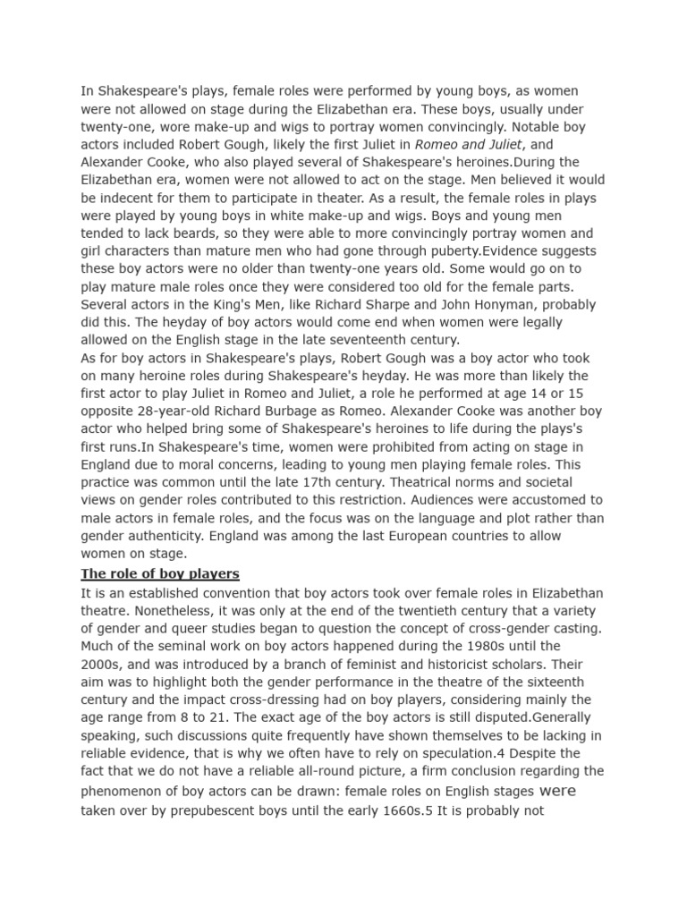 Boy Actors in Elizabethan Theatre | PDF | Actor | Apprenticeship