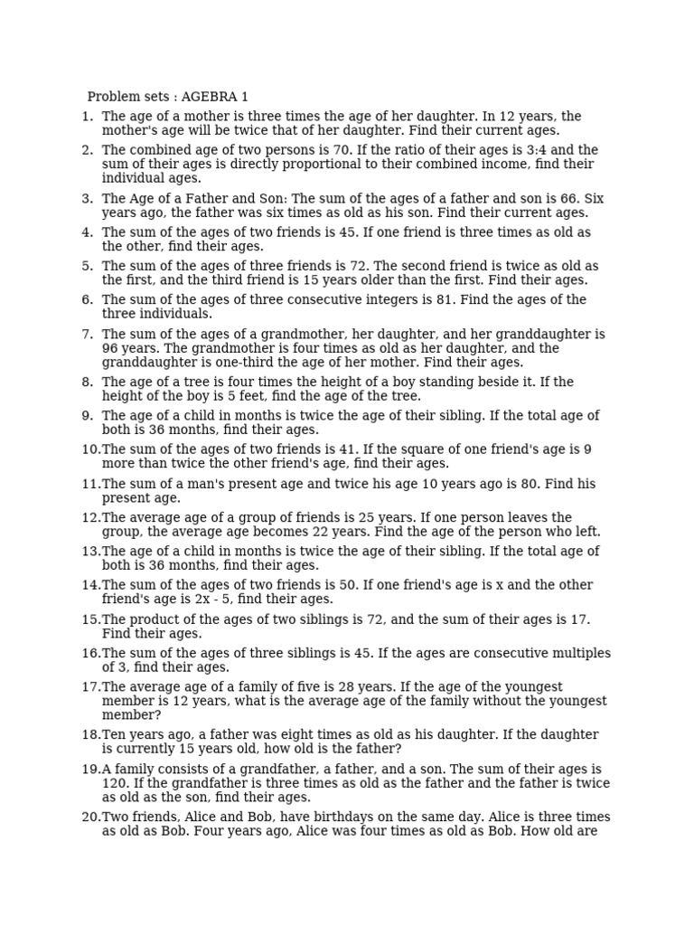 Algebra 1 Age and Work Problem Sets | PDF | Triangle | Trigonometry