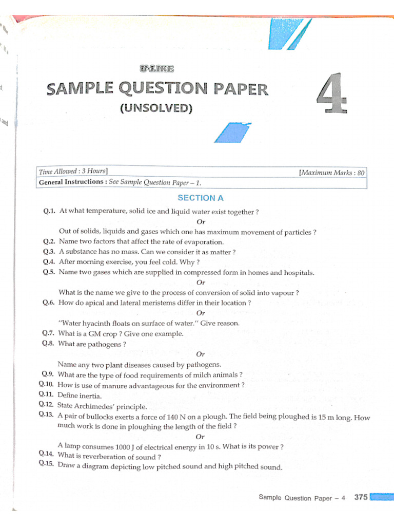 Class 9 Sample Paper of Science Set 4 | PDF