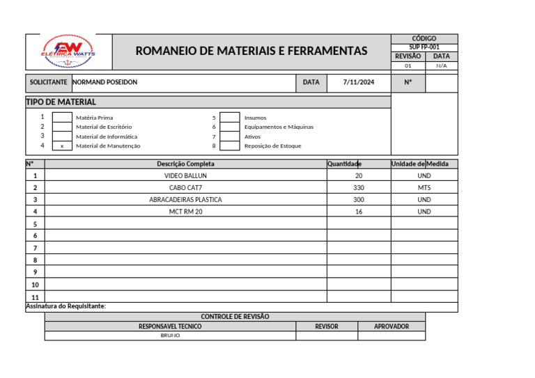 Romaneio de Materiais - Modelo | PDF