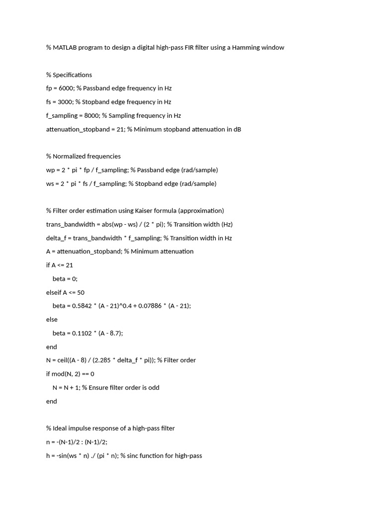 MATLAB Program To Design A Digital High | PDF