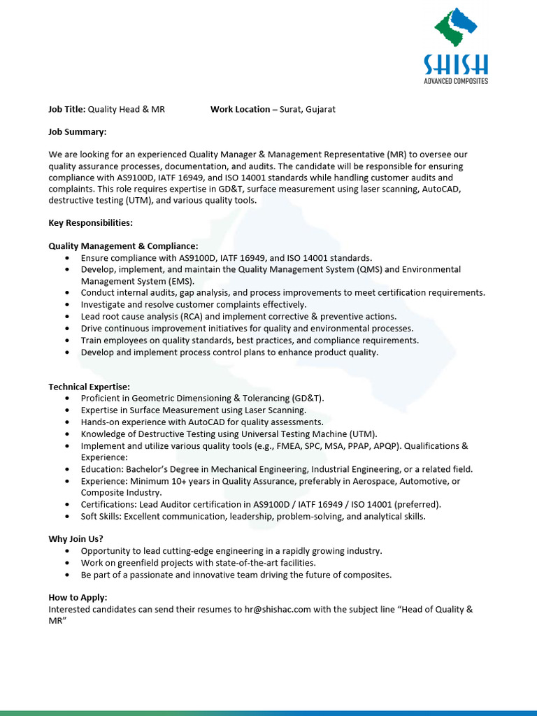 Quality Head & MR Position in Surat | PDF