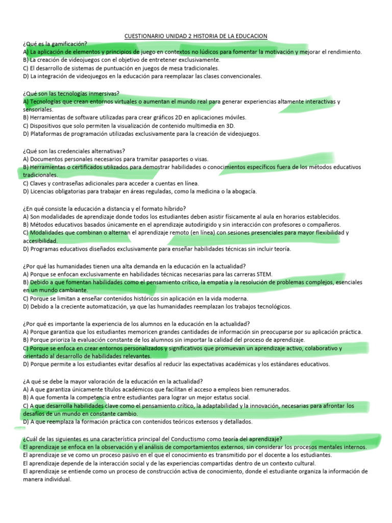 Cuestionario Unidad 2 Hist de La Educacion 2 | PDF | Aprendizaje ...