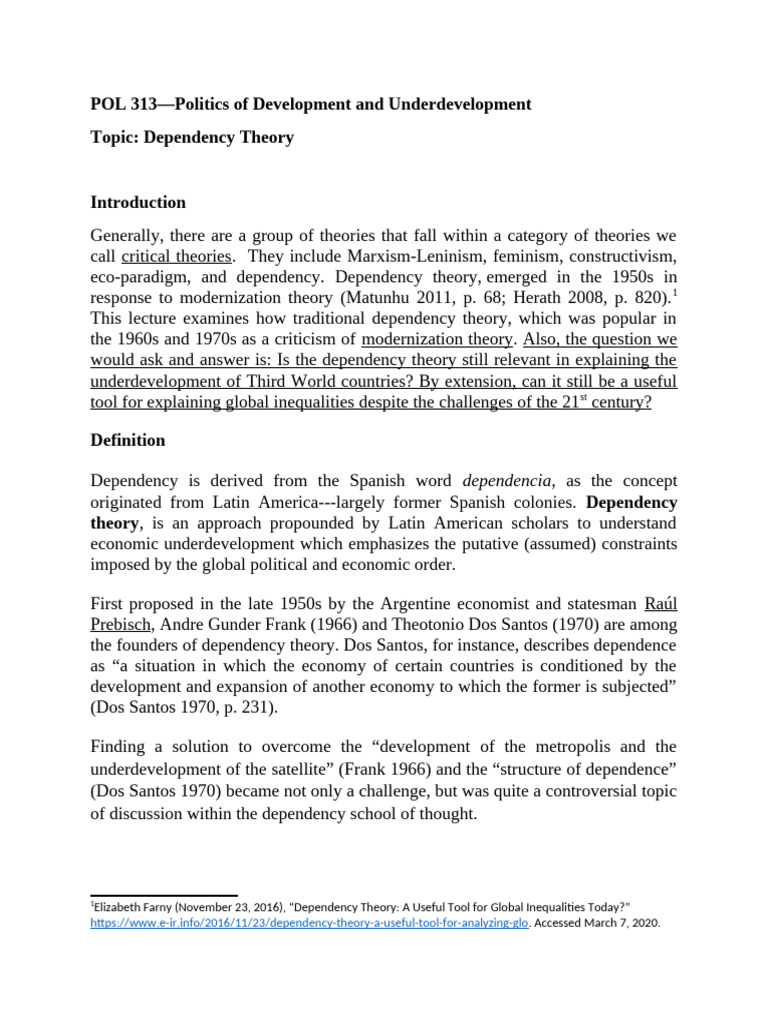 DEPENDENCY THEORY (1) | PDF | Modernization Theory | Economies DEPENDENCY THEORY (1) | PDF | Modernization Theory | Economies