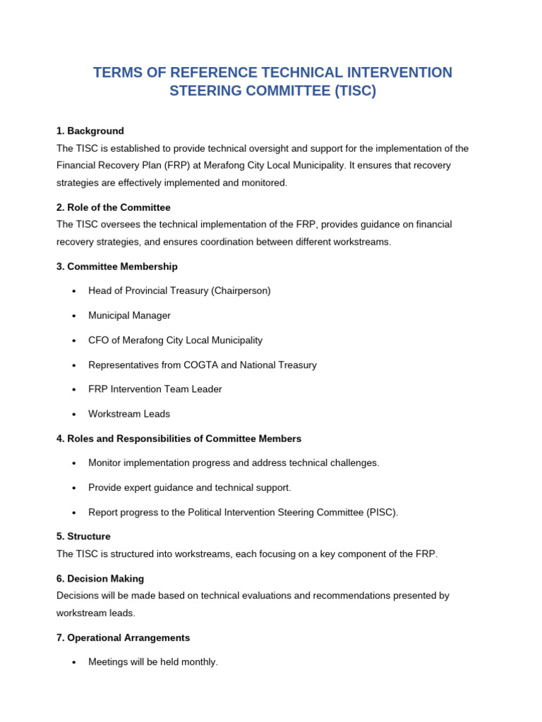 Terms of Reference Technical Intervention Steering Committee | PDF