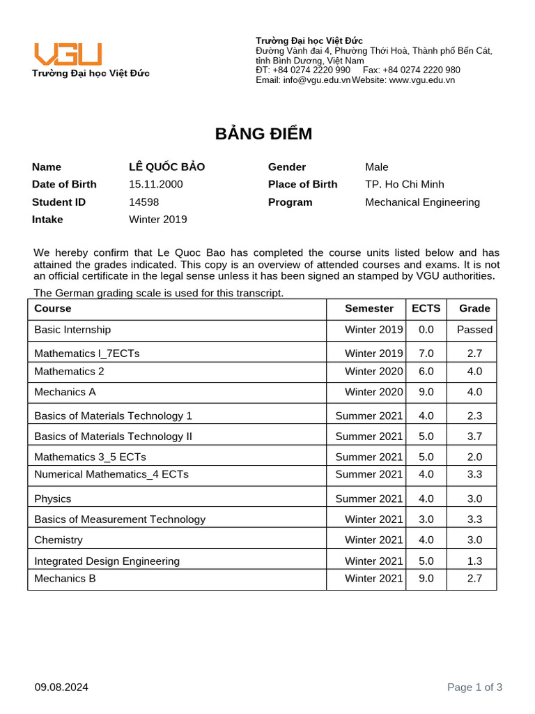 VGU Transcript for Le Quoc Bao | PDF | Engineering | Physical Sciences
