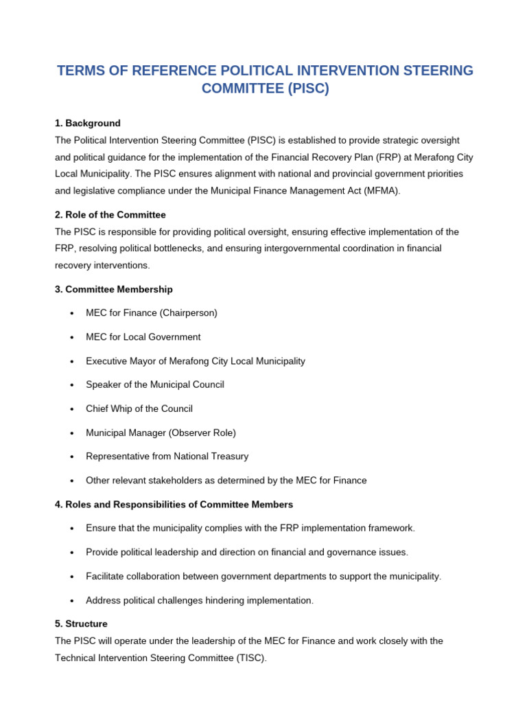 Terms of Reference Political Intervention Steering Committee | PDF