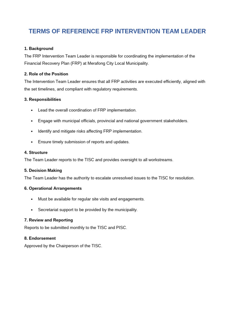 TERMS OF REFERENCE FRP INTERVENTION TEAM LEADER | PDF