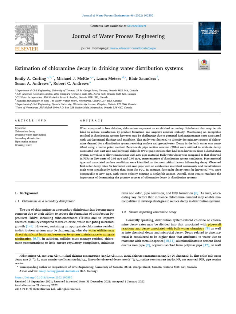 Chloramine Decay in Water Systems | PDF | Water | Pipe (Fluid Conveyance)